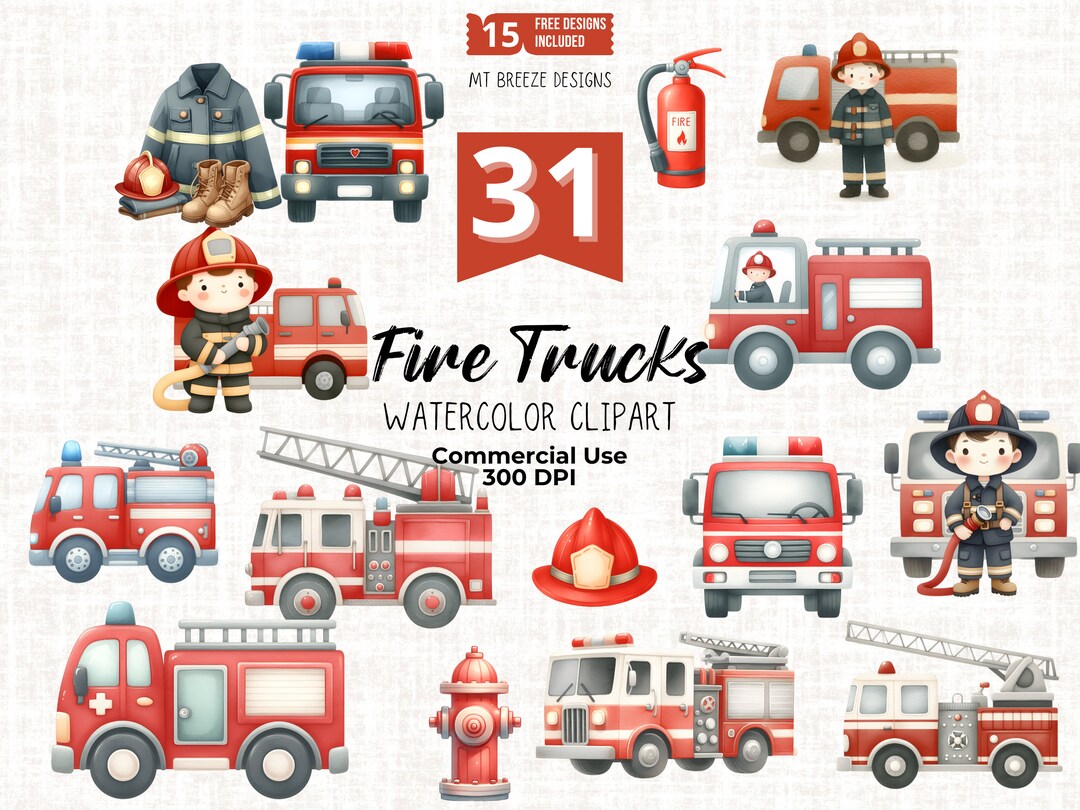 31 Fire Trucks Clipart Set - Fire Engine and Fire Fighter Clip Art PNG ...