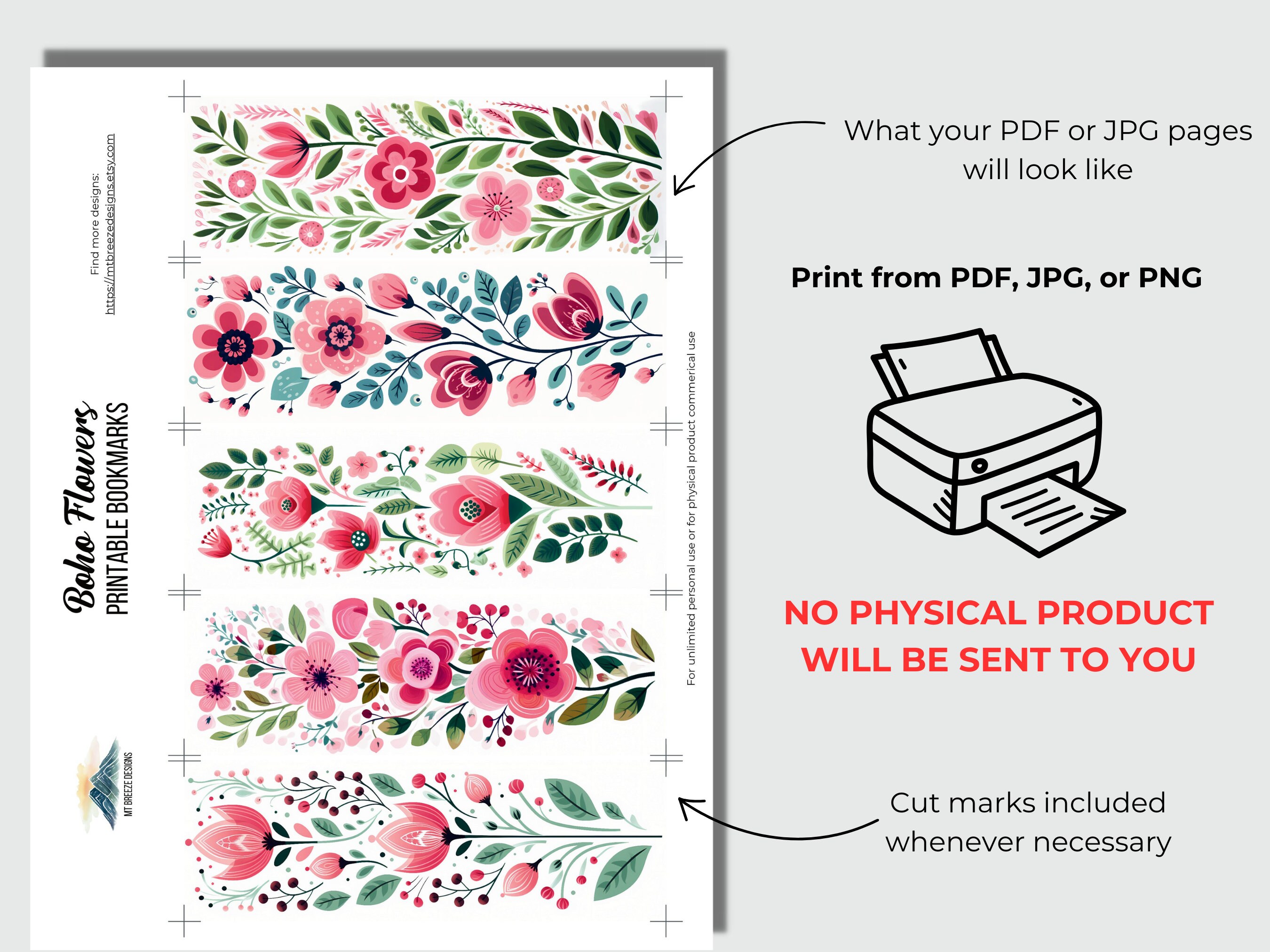 Boho Flowers PRINTABLE Bookmarks, Floral Folk Art JPG Bookmark Set, Png ...