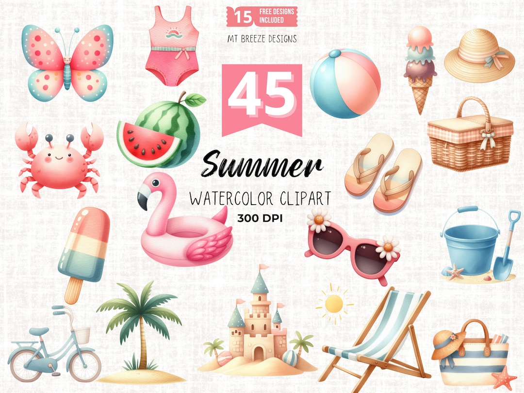 45 Summer Clipart Set - Cute Beach Vacation Holiday Clip Art PNG Files ...