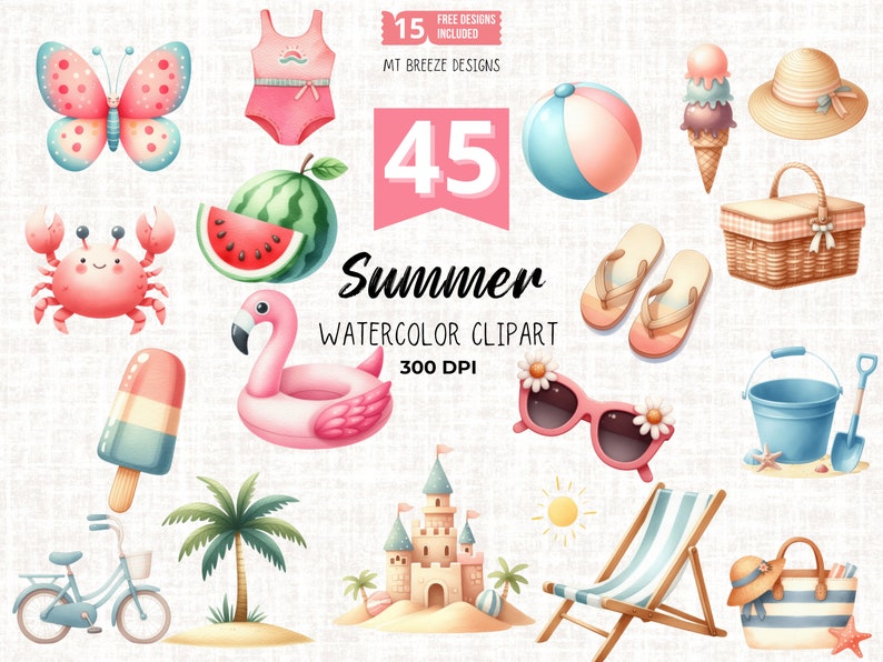 45 Summer Clipart Set - Cute Beach Vacation Holiday Clip Art PNG Files ...