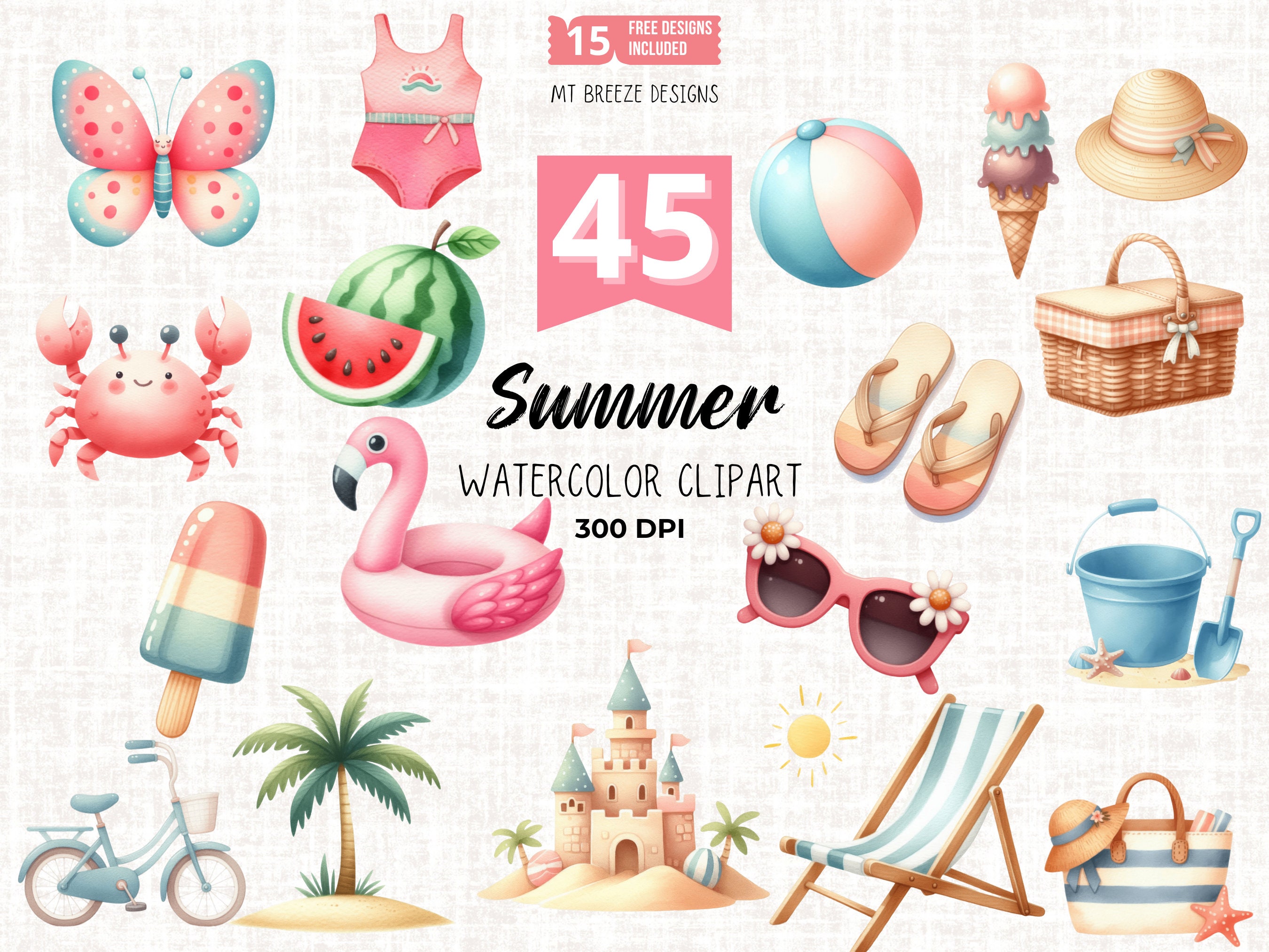 45 Summer Clipart Set - Cute Beach Vacation Holiday Clip Art PNG Files ...