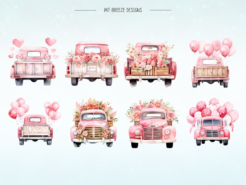 16 Valentine Truck Watercolor Clipart Set, Cute Rustic Truck Clip Art ...