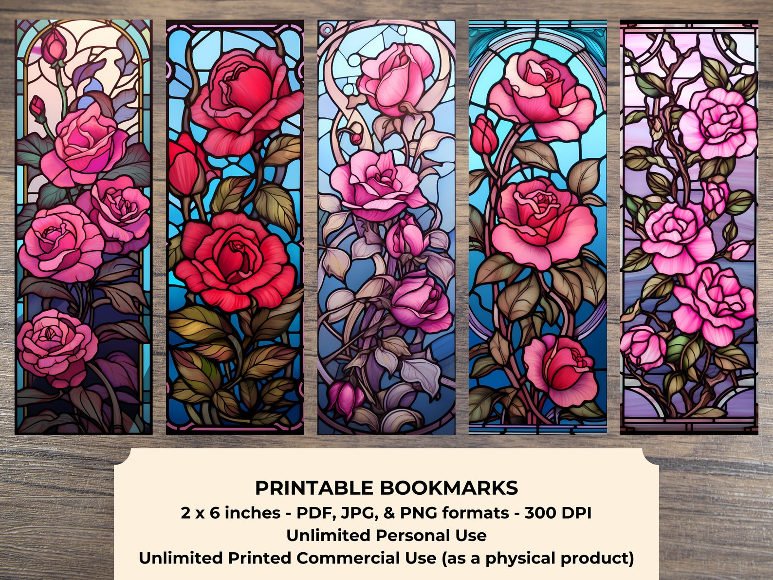 Stained Glass Roses PRINTABLE Bookmarks, High Resolution Digital ...