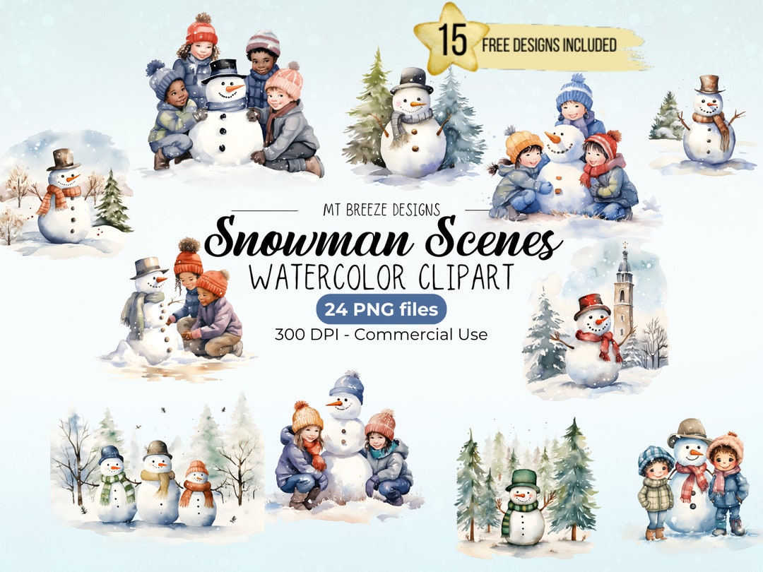Snowman Scenes Watercolor Clipart Set - High Resolution Xmas Clip Art ...