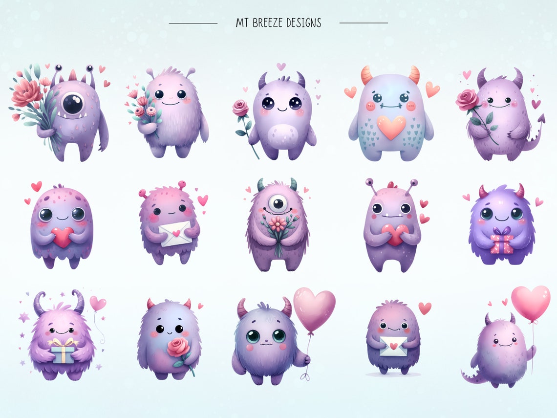 87 Valentine Monsters Watercolor Clipart Set, Cute Whimsical Alien Clip ...