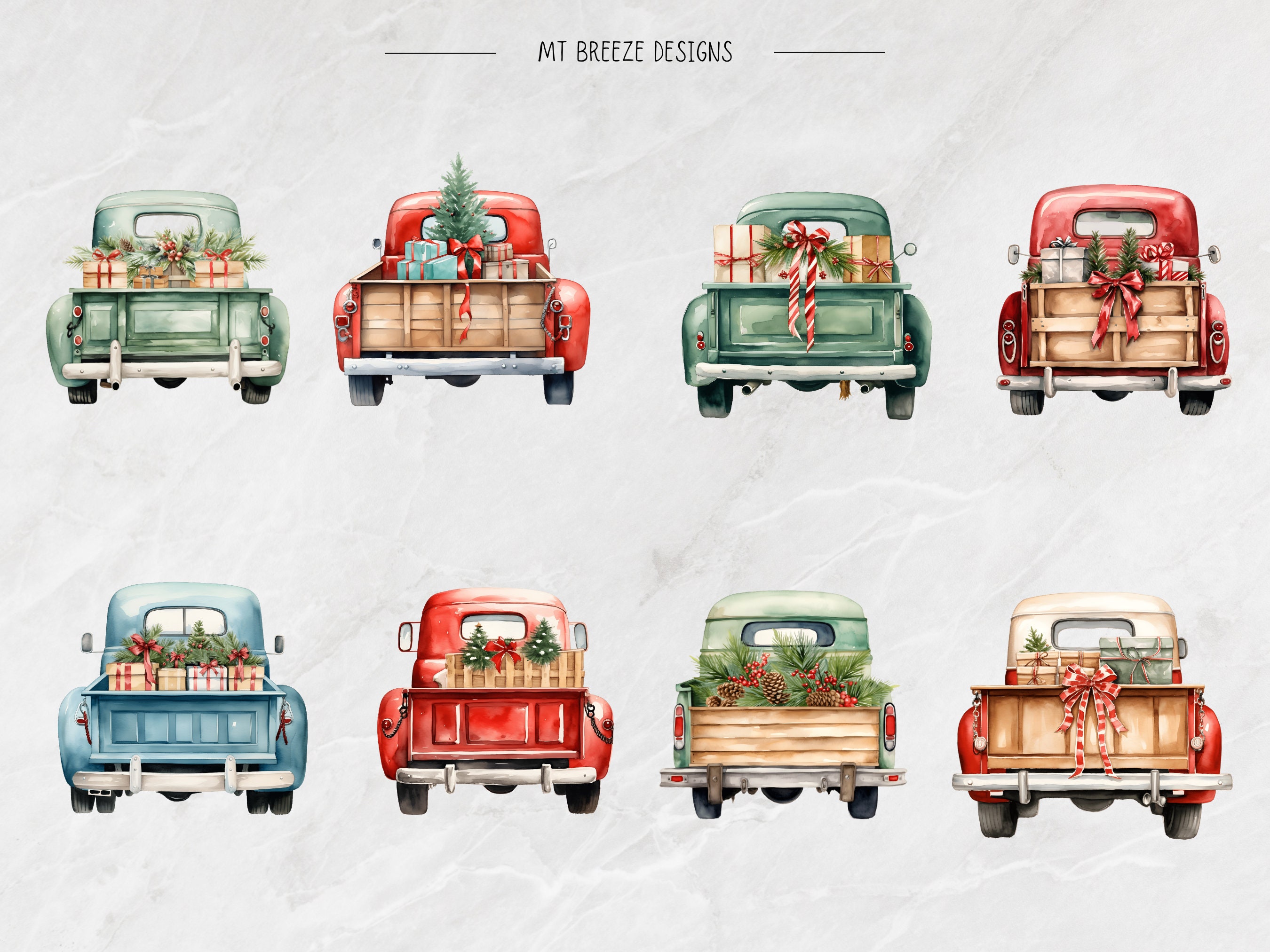 30 Christmas Trucks Watercolor Clipart Set - High Resolution Rustic Red ...