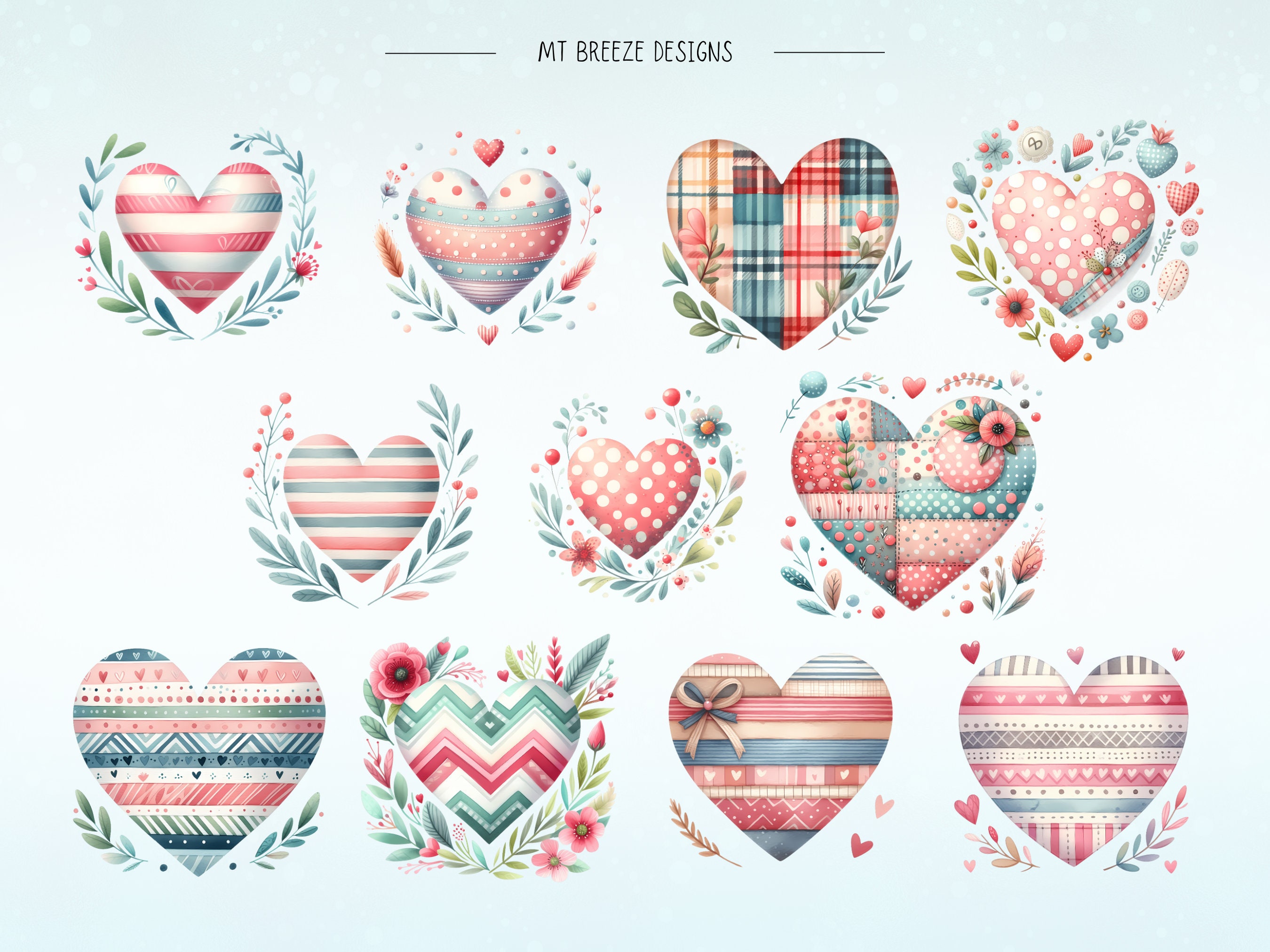 41 Country Hearts Watercolor Clipart Set, Cottagecore Valentine Heart ...