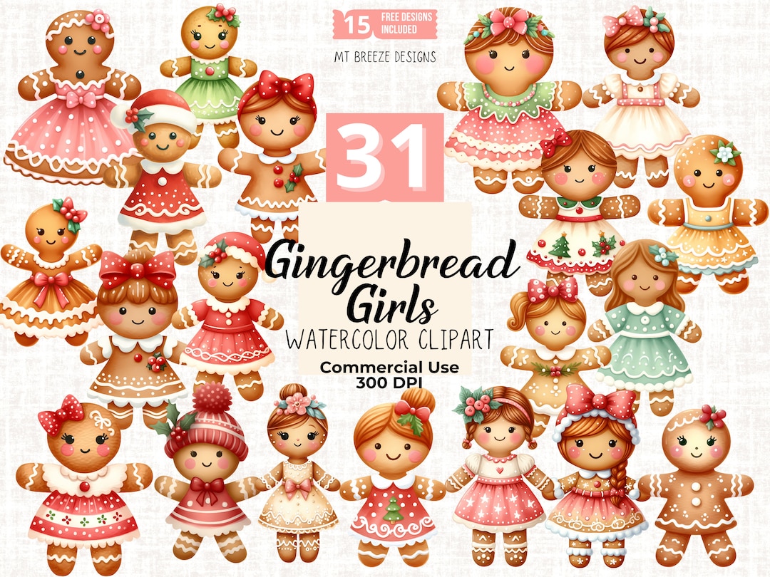 31 Gingerbread Girl Clipart Set, High Resolution Christmas Cookie ...