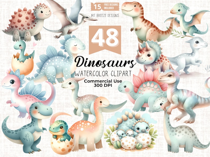 48 Dinosaurs Clipart Set - High Resolution Cute Baby Dino Watercolor ...