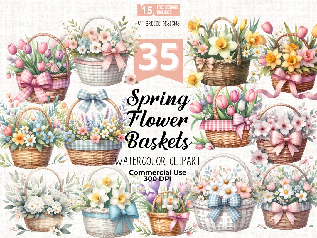 35 Spring Flower Basket Clipart Set - Floral Watercolor Clip Art PNG ...