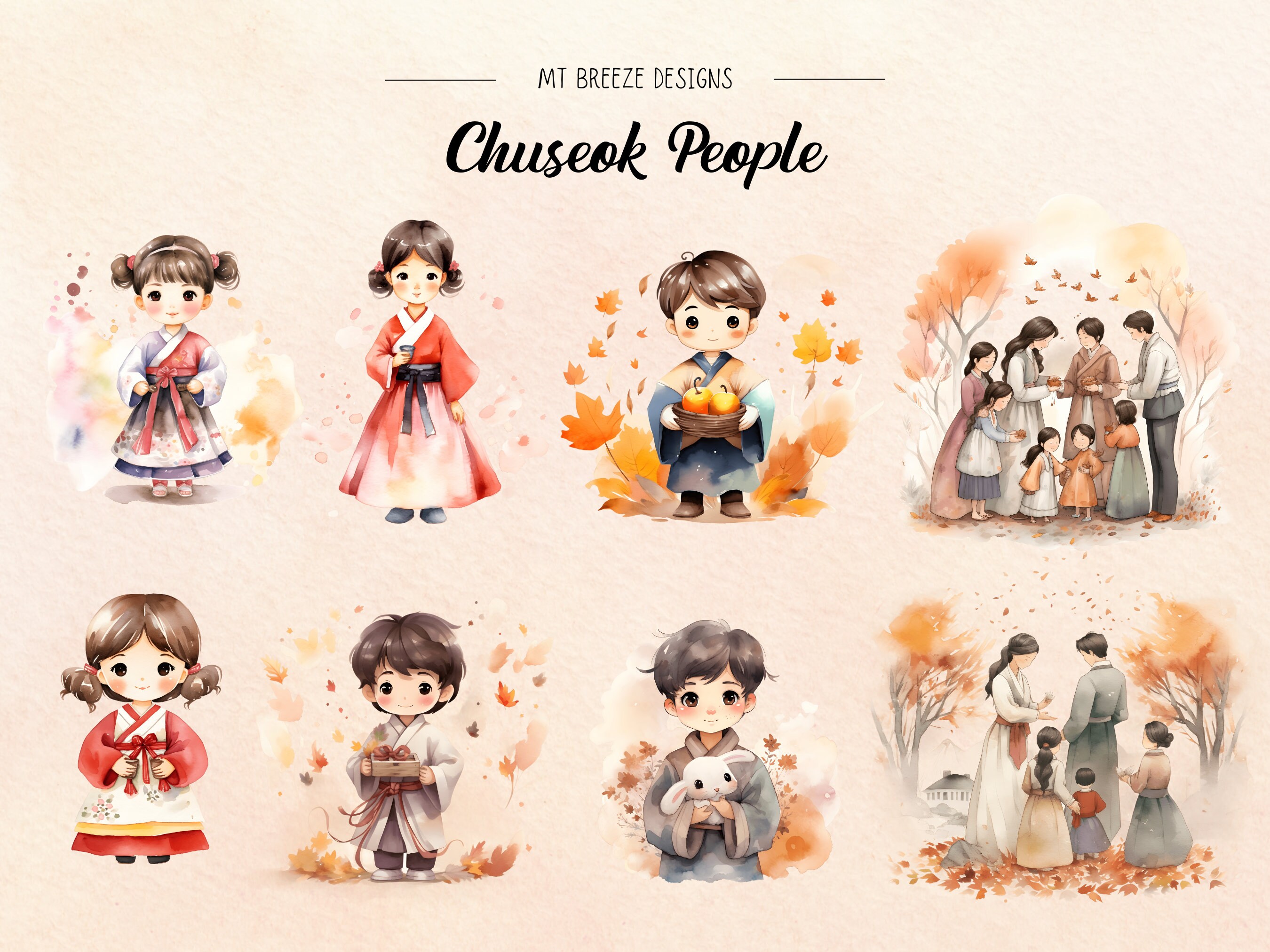 Korean Chuseok Holiday Watercolor Clipart Set - High Resolution Autumn ...