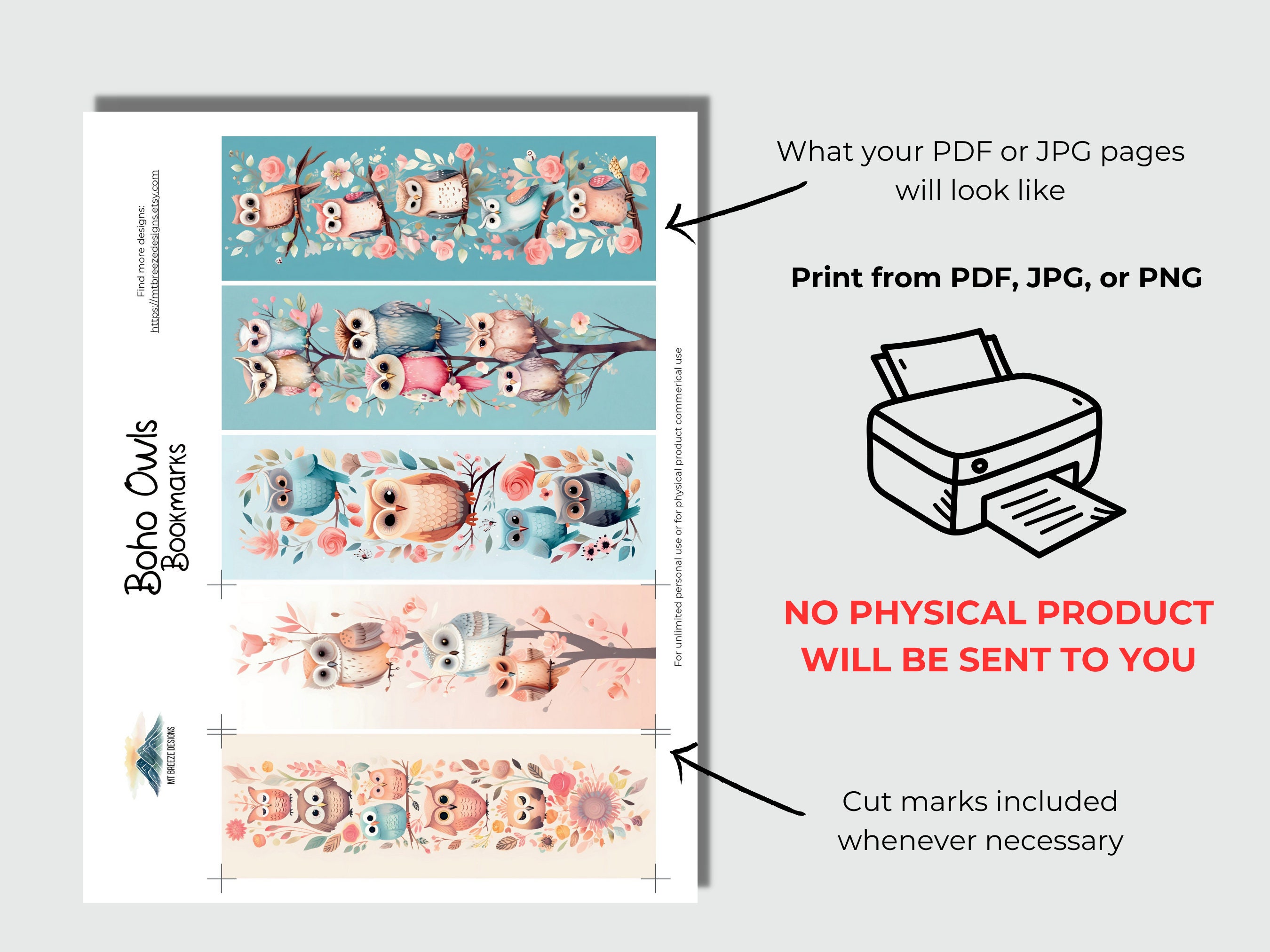 Boho Owls PRINTABLE Bookmarks, High Resolution Digital Download Floral ...