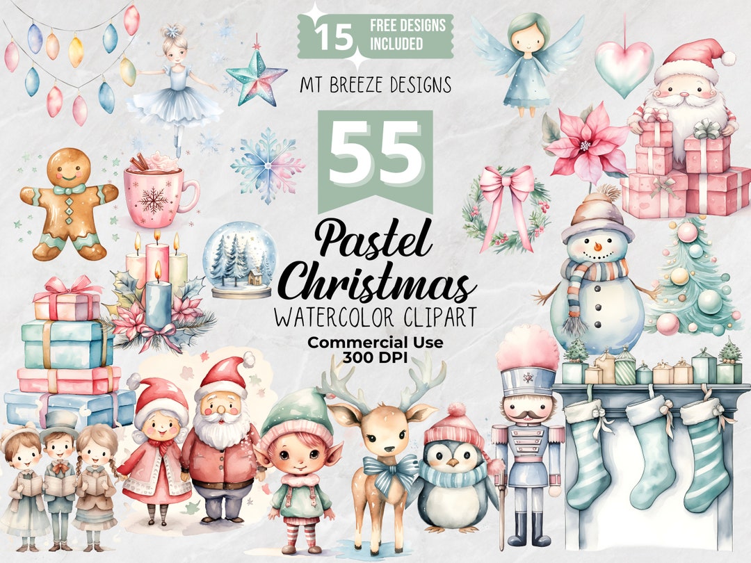 55 Pastel Christmas Watercolor Clipart Set, High Resolution Pastel Xmas ...