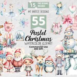 55 Pastel Christmas Watercolor Clipart Set, High Resolution Pastel Xmas ...