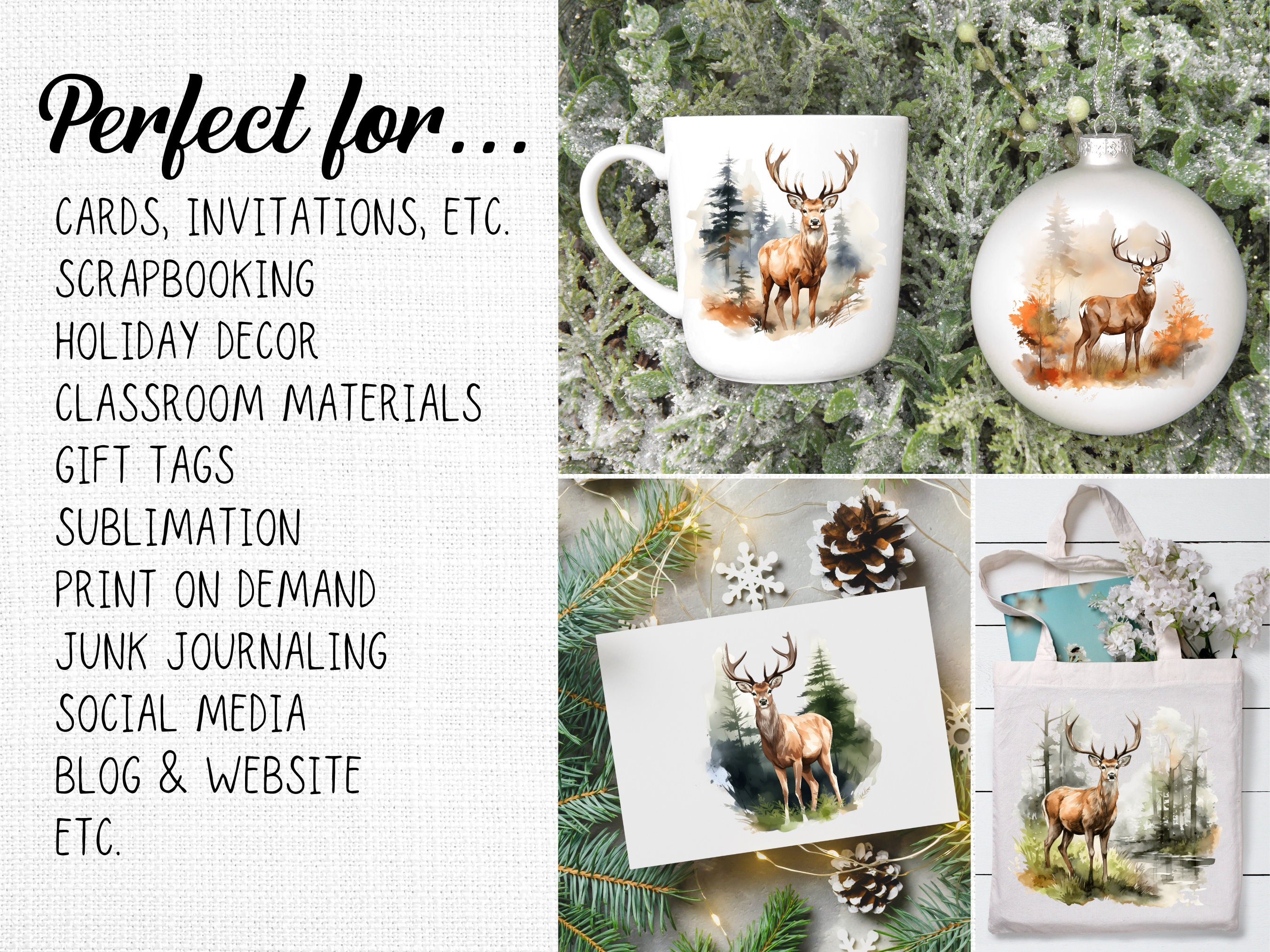 Deer Watercolor Clipart Set, High Resolution Woodland Deer and Buck ...
