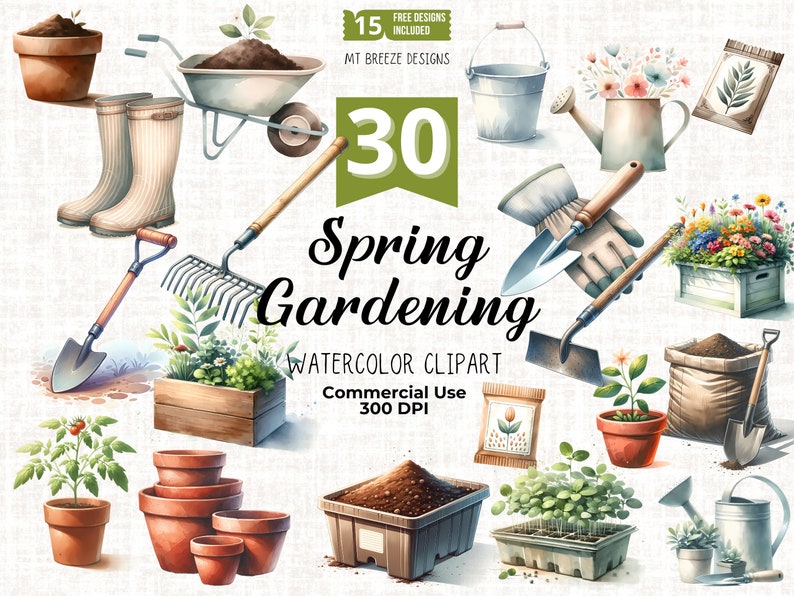 30 Gardening Clipart Set High Resolution Spring Garden Watercolor Clip ...