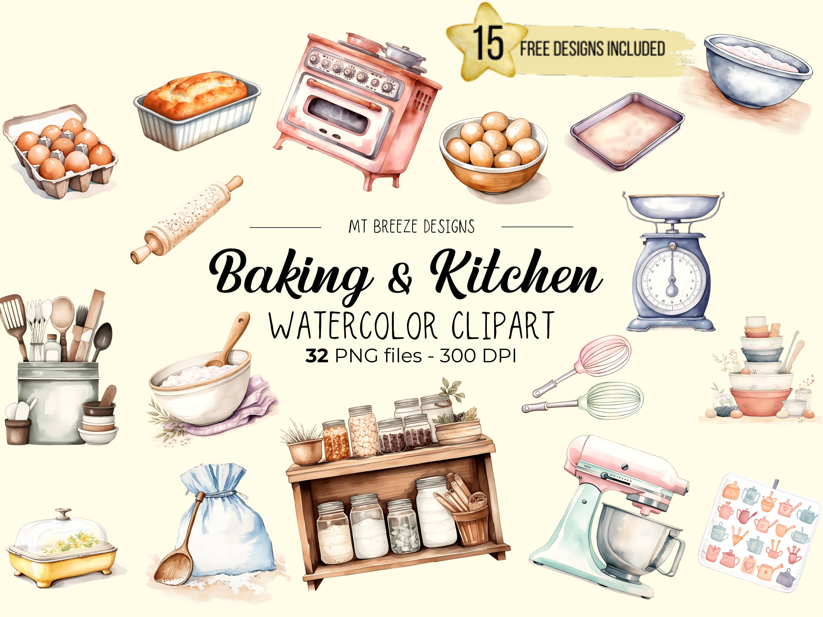 Baking Watercolor Clipart Set 32 High Resolution Kitchen and Bakery ...