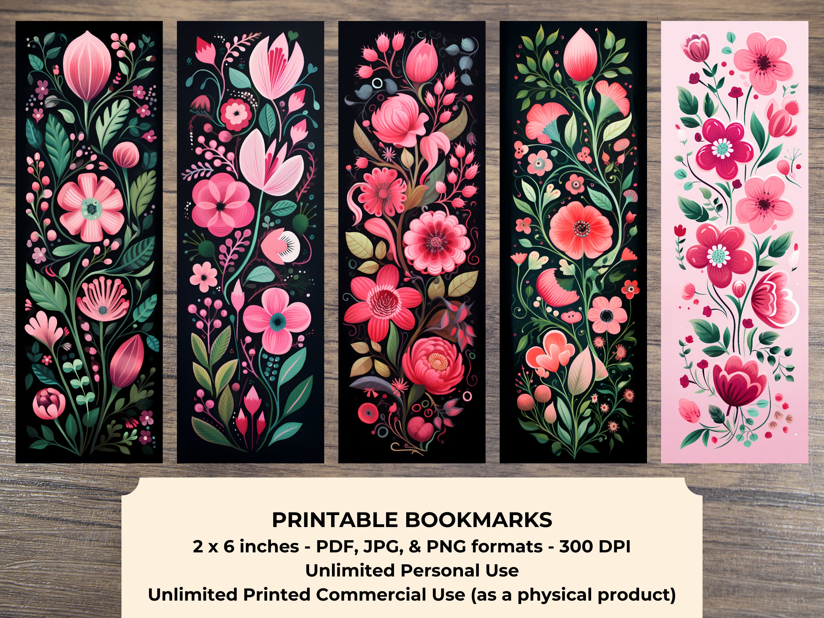Boho Flowers PRINTABLE Bookmarks, Floral Folk Art JPG Bookmark Set, Png ...