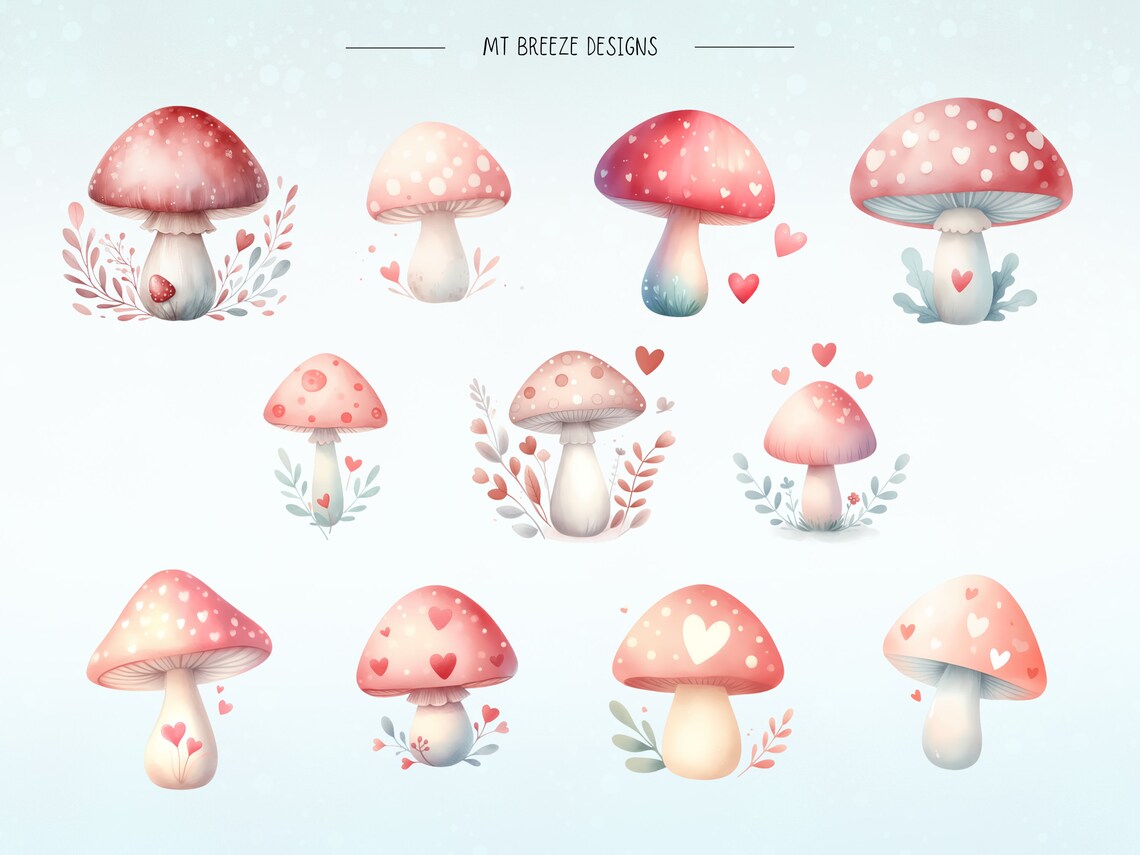 30 Mushroom Love Watercolor Clipart Set, Cute Mushroom Clip Art PNG ...