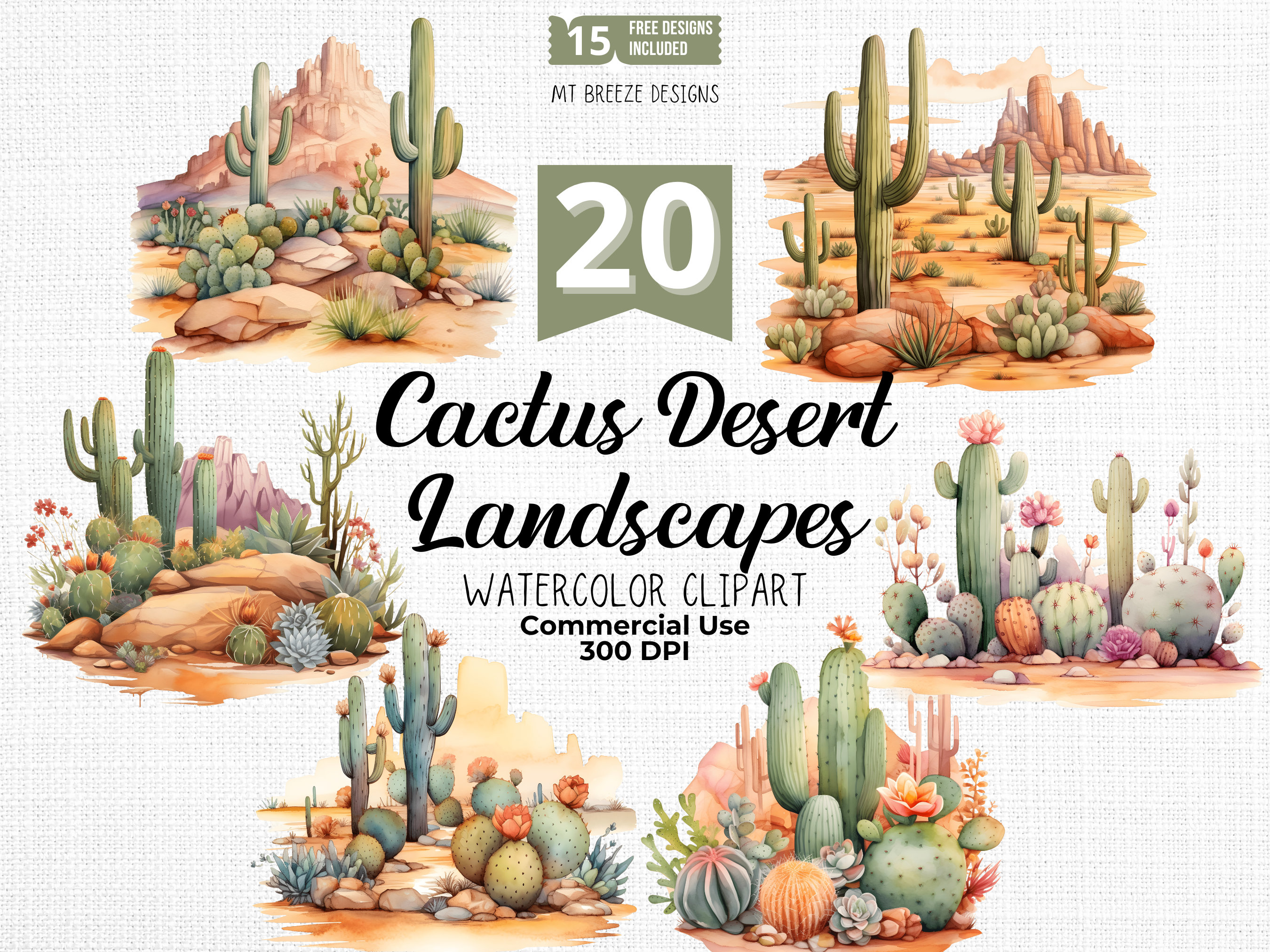 Cactus Desert Landscape Clipart Set - High Resolution Cactus Watercolor ...