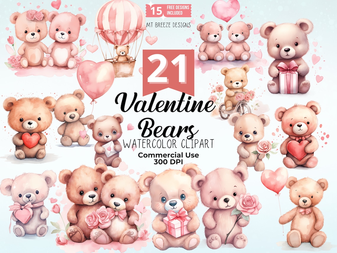 21 Valentine Bears Clipart Set High Resolution Cute Teddy Bear ...