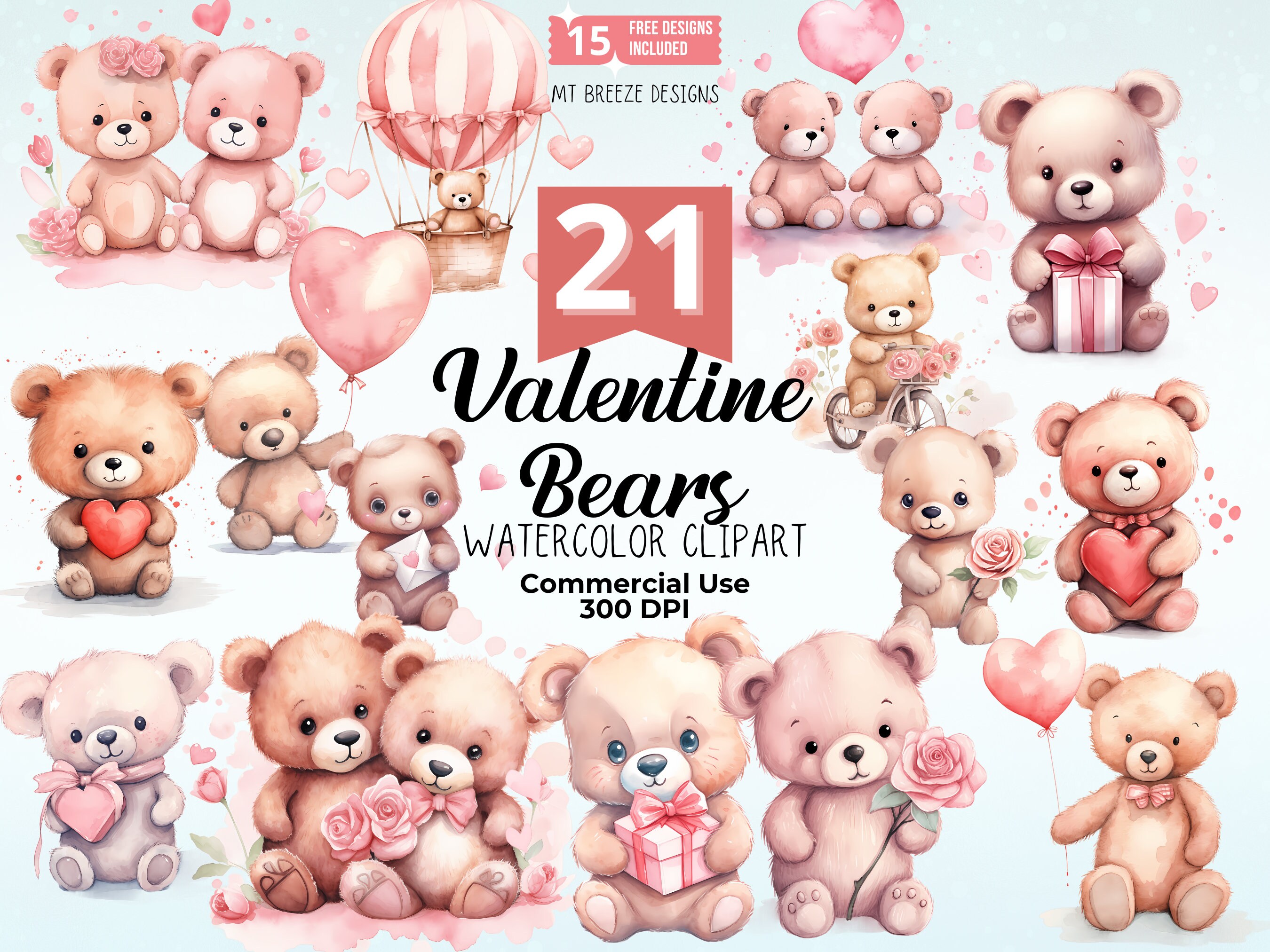 21 Valentine Bears Clipart Set - High Resolution Cute Teddy Bear ...