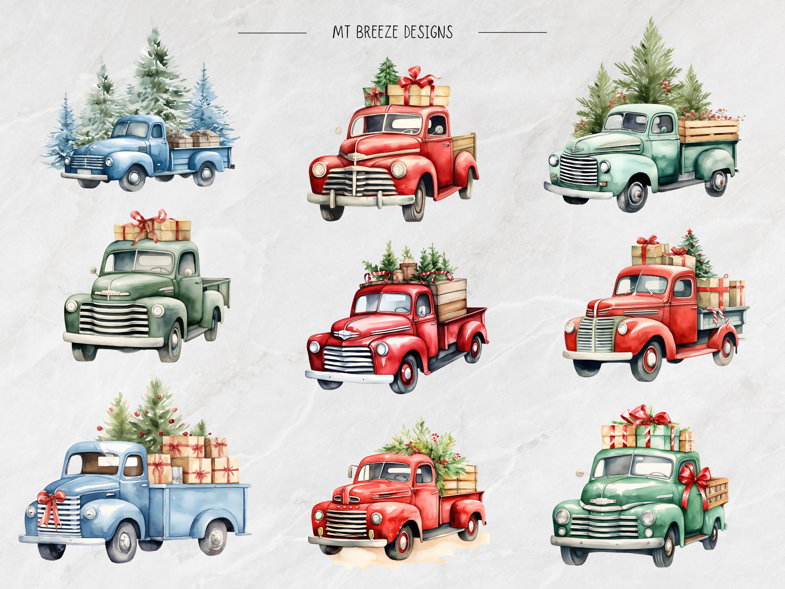 30 Christmas Trucks Watercolor Clipart Set - High Resolution Rustic Red ...