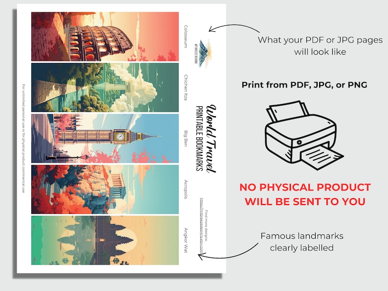 World Travel PRINTABLE Bookmarks, Famous Landmark High Resolution ...