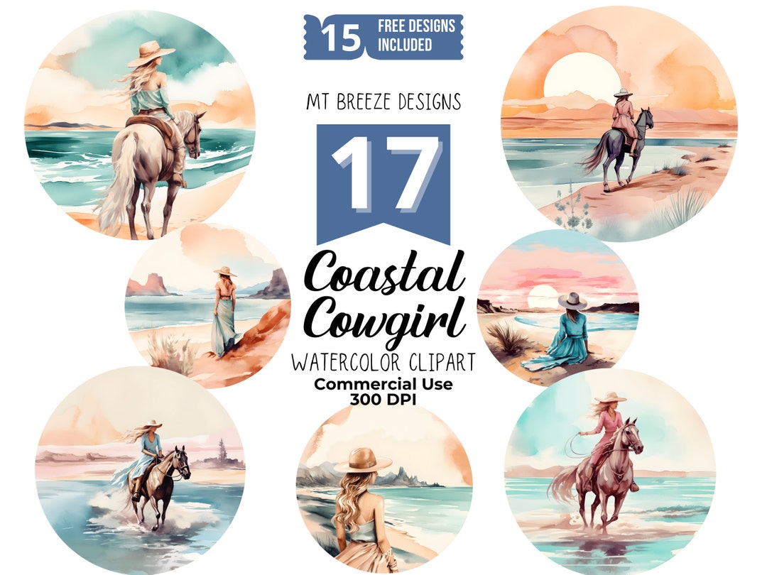 Coastal Cowgirl Watercolor Clipart Set - High Resolution Beach Western ...
