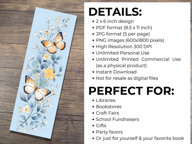 Butterfly Floral PRINTABLE Bookmarks, High Resolution Digital Download ...