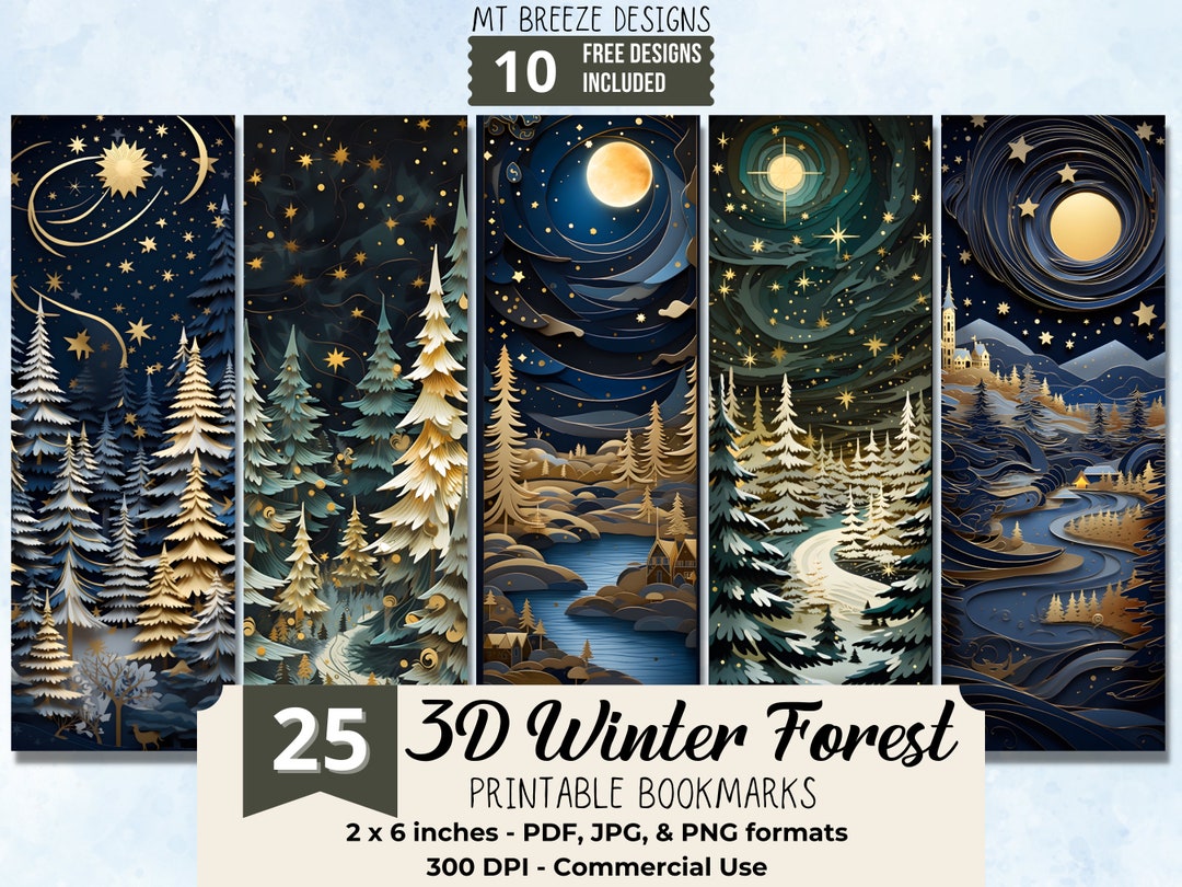 3D Winter Forest PRINTABLE Bookmarks, High Resolution Digital Download ...