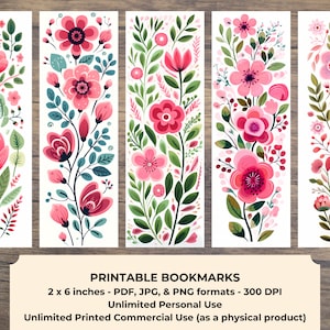 Boho Flowers PRINTABLE Bookmarks, Floral Folk Art JPG Bookmark Set, Png ...