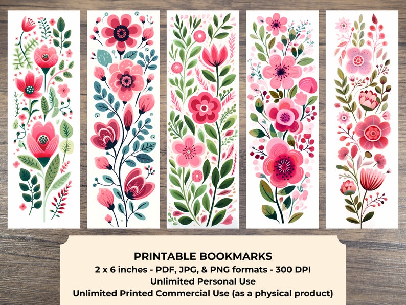 Boho Flowers PRINTABLE Bookmarks, Floral Folk Art JPG Bookmark Set, Png ...