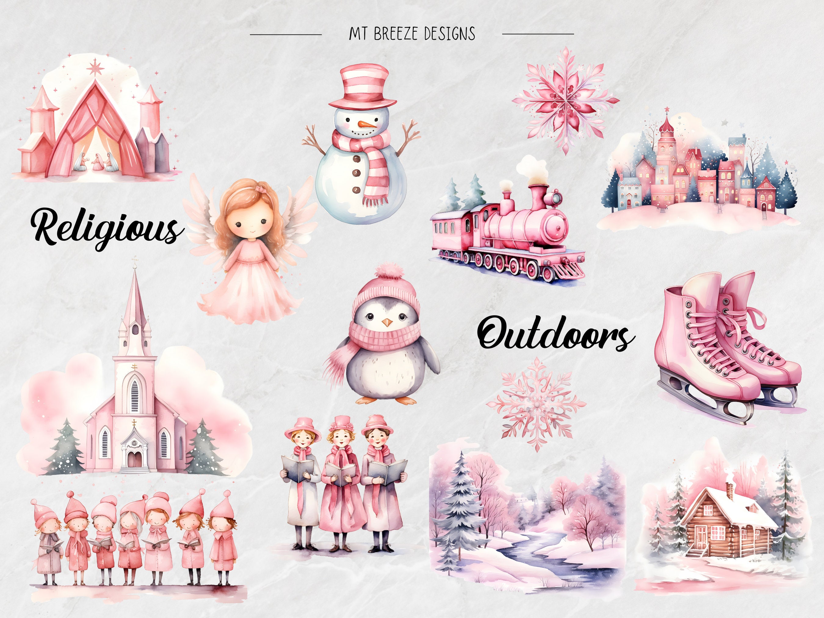 58 Pink Christmas Watercolor Clipart Set High Resolution Pink Xmas ...