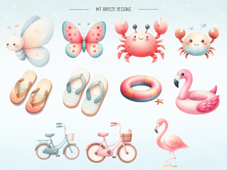 45 Summer Clipart Set Cute Beach Vacation Holiday Clip Art PNG Files ...