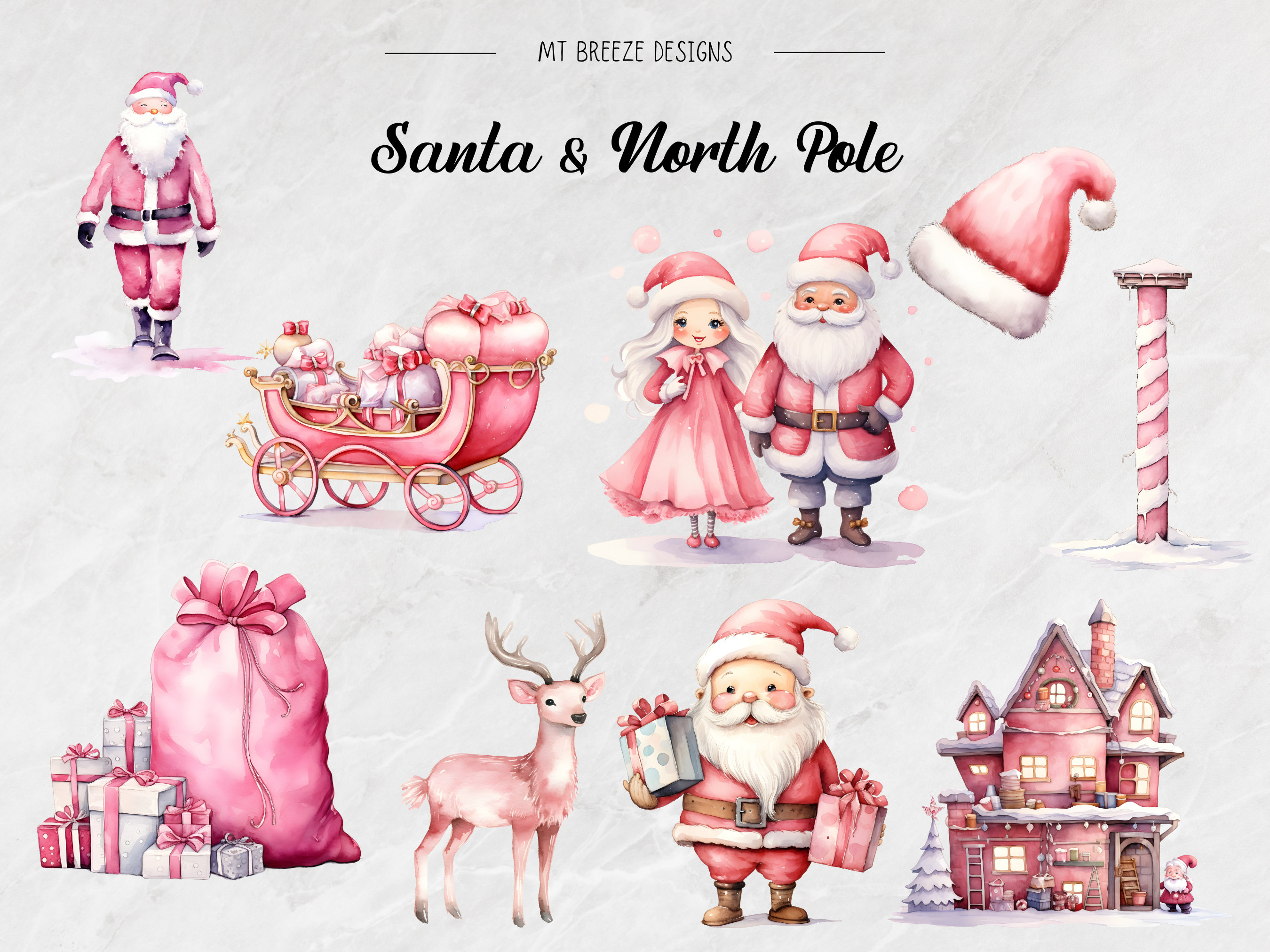 58 Pink Christmas Watercolor Clipart Set - High Resolution Pink Xmas ...