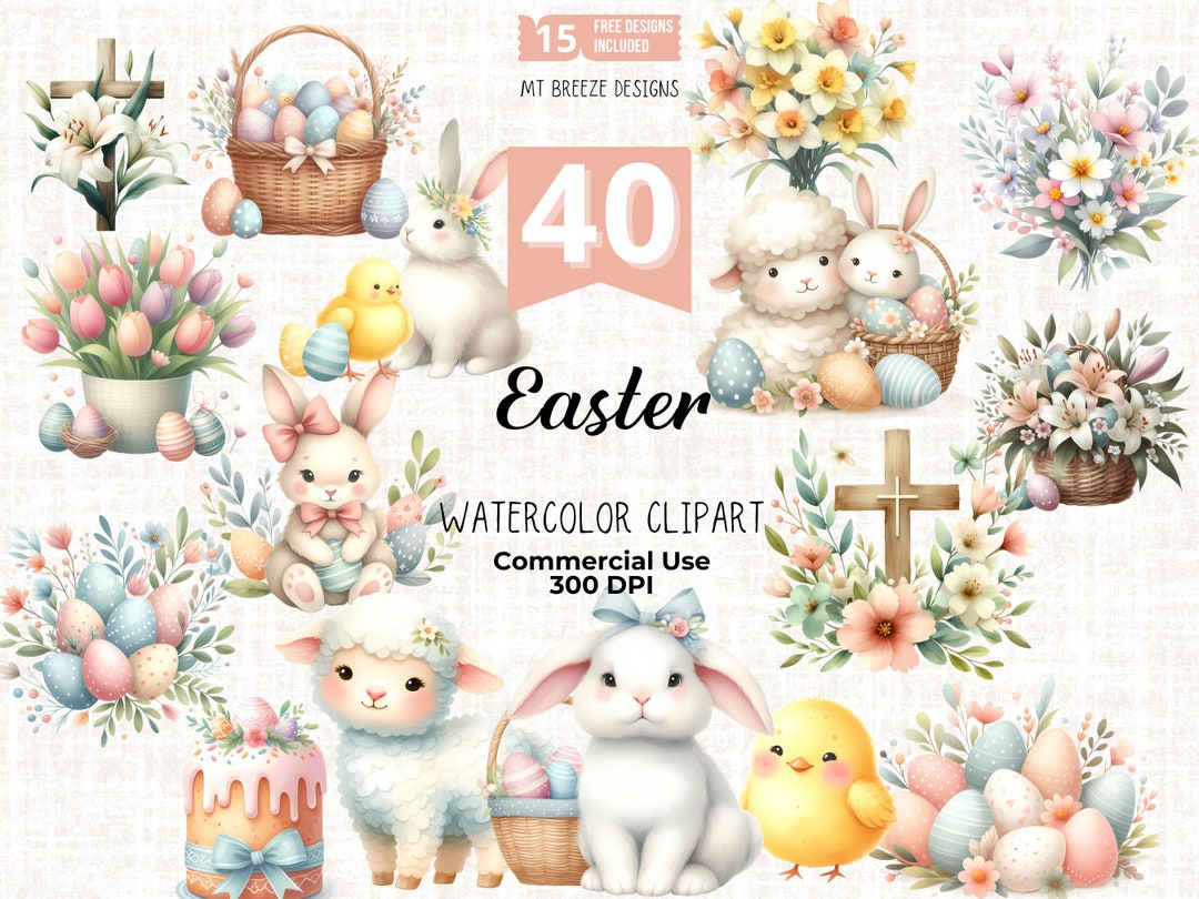 40 Easter Clipart Set - High Resolution Spring Watercolor Clip Art PNG ...