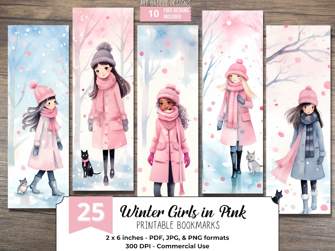 25 Winter Girls in Pink PRINTABLE Bookmarks, High Resolution Digital ...