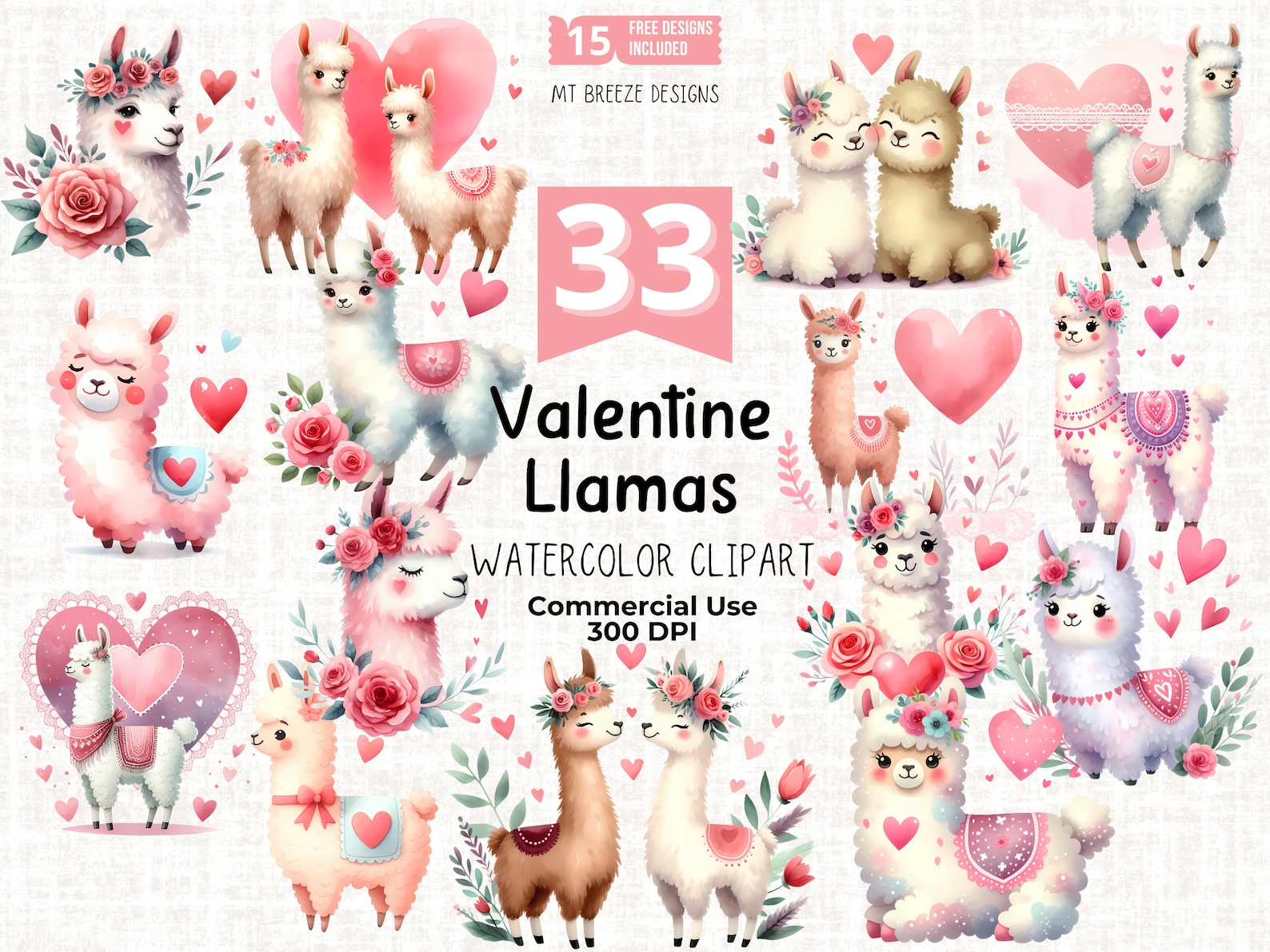 33 Valentine Llamas Clipart Set - Valentine Animal Hearts Clip Art PNG ...