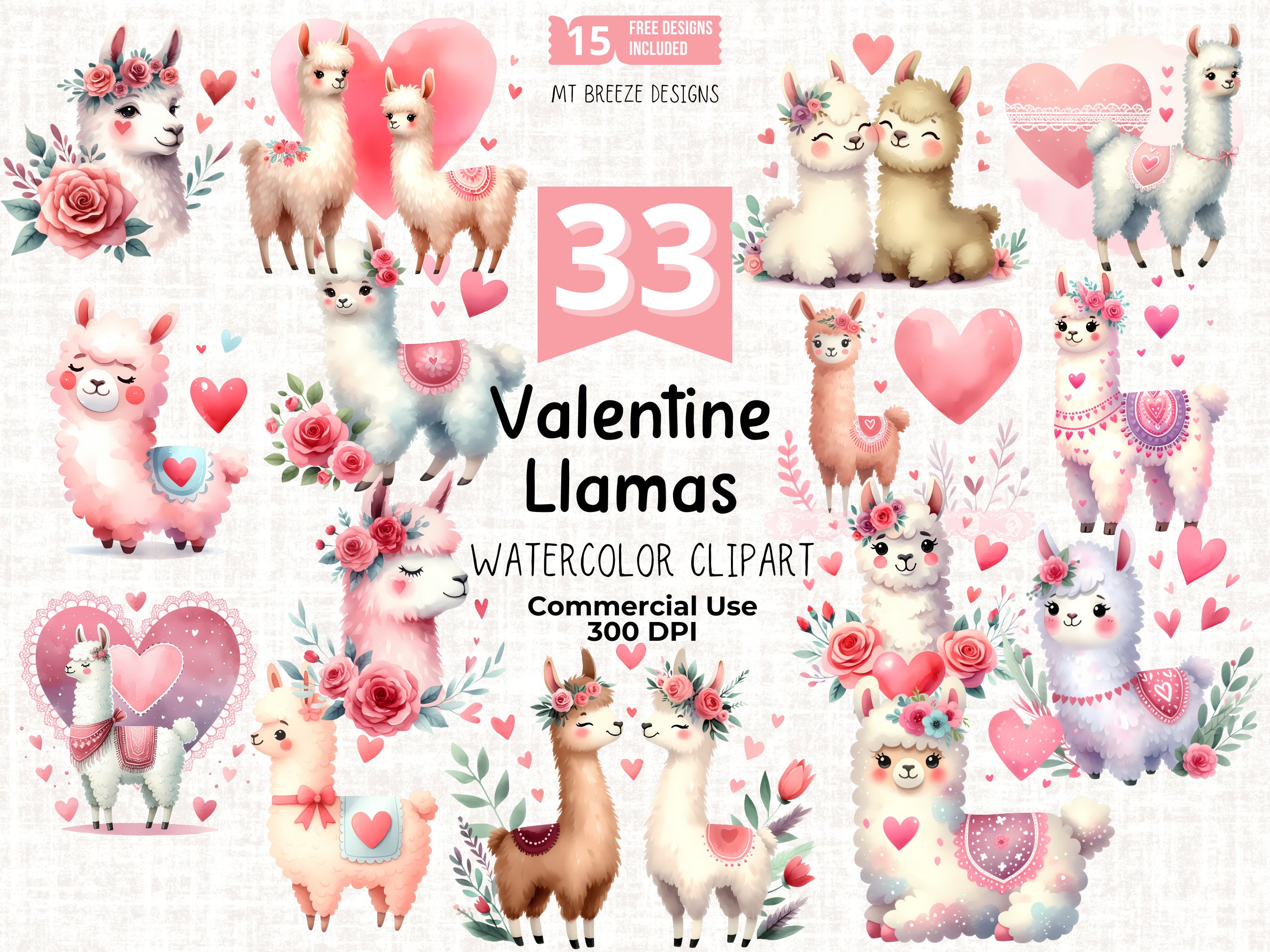 33 Valentine Llamas Clipart Set - Valentine Animal Hearts Clip Art PNG ...