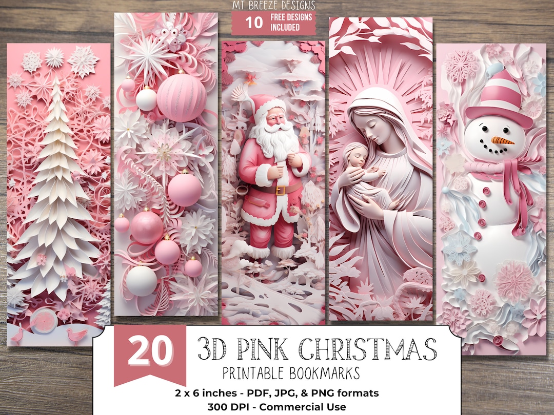 3D Pink Christmas PRINTABLE Bookmarks, 20 Digital Download Winter Paper ...