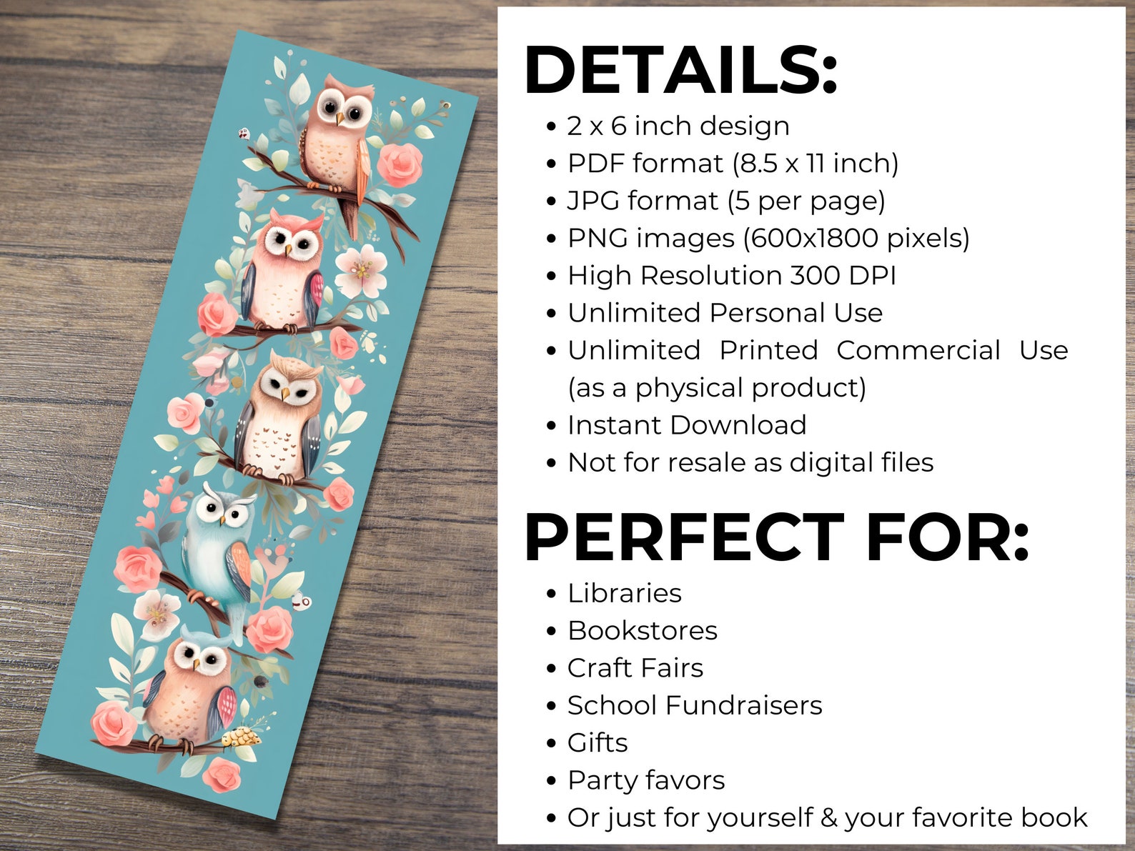 Boho Owls PRINTABLE Bookmarks, High Resolution Digital Download Floral ...