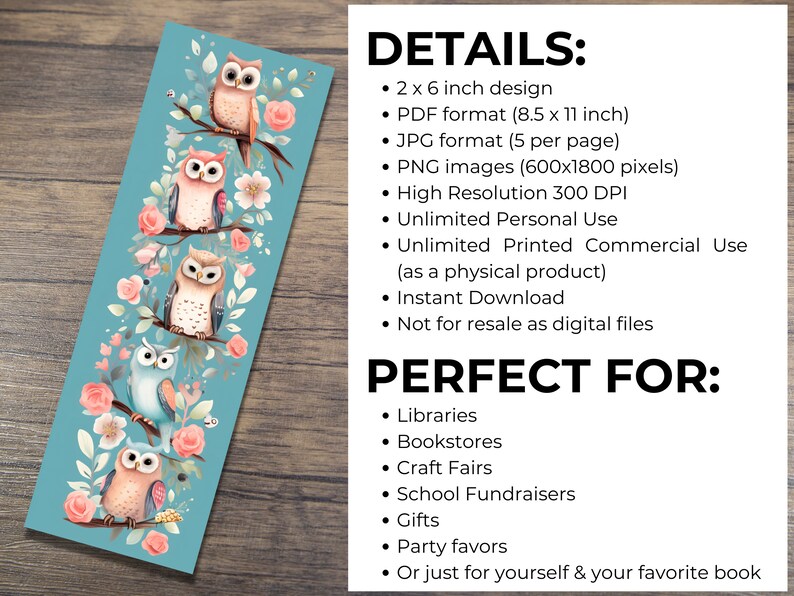 Boho Owls PRINTABLE Bookmarks, High Resolution Digital Download Floral ...