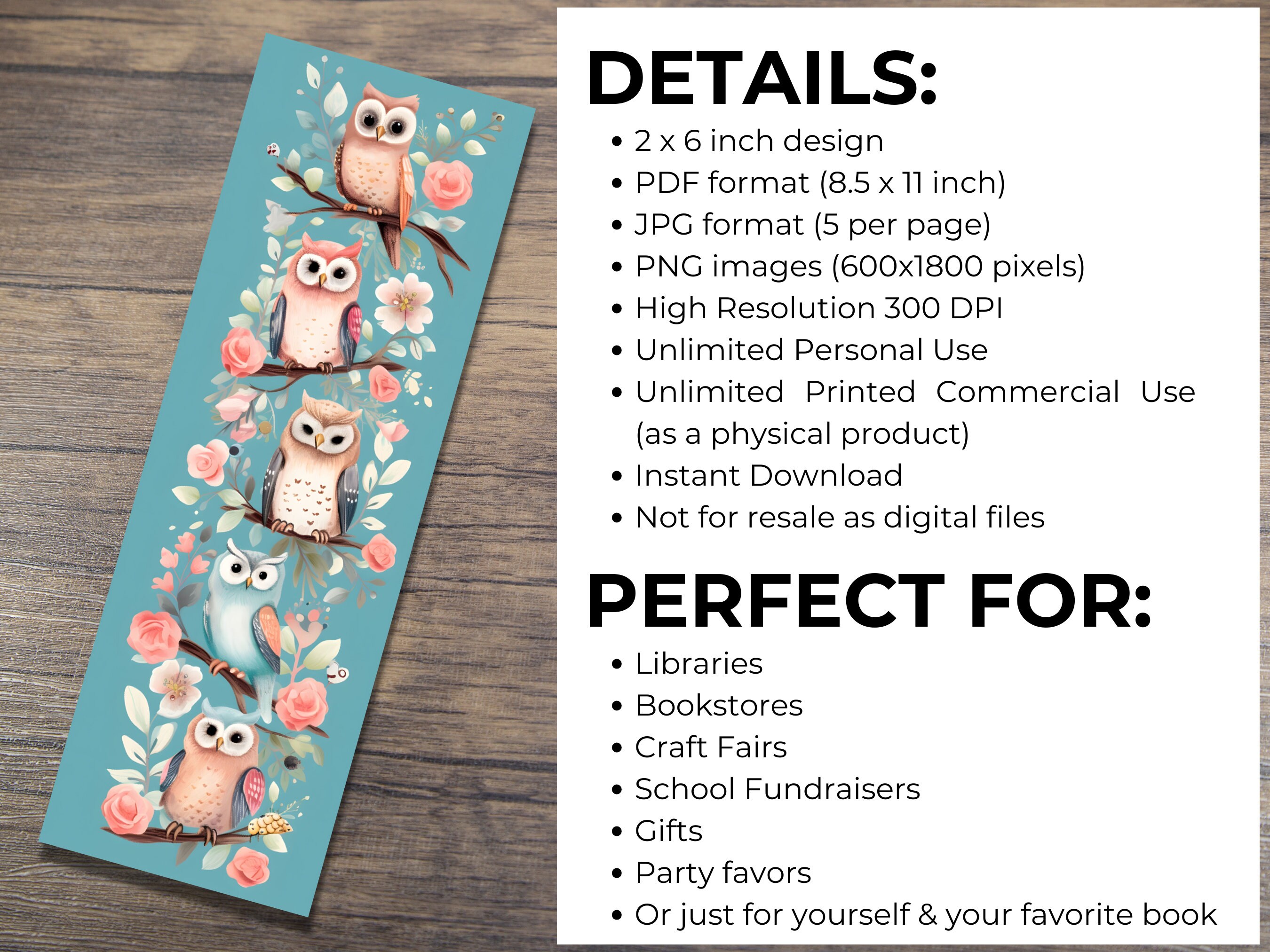 Boho Owls PRINTABLE Bookmarks, High Resolution Digital Download Floral ...