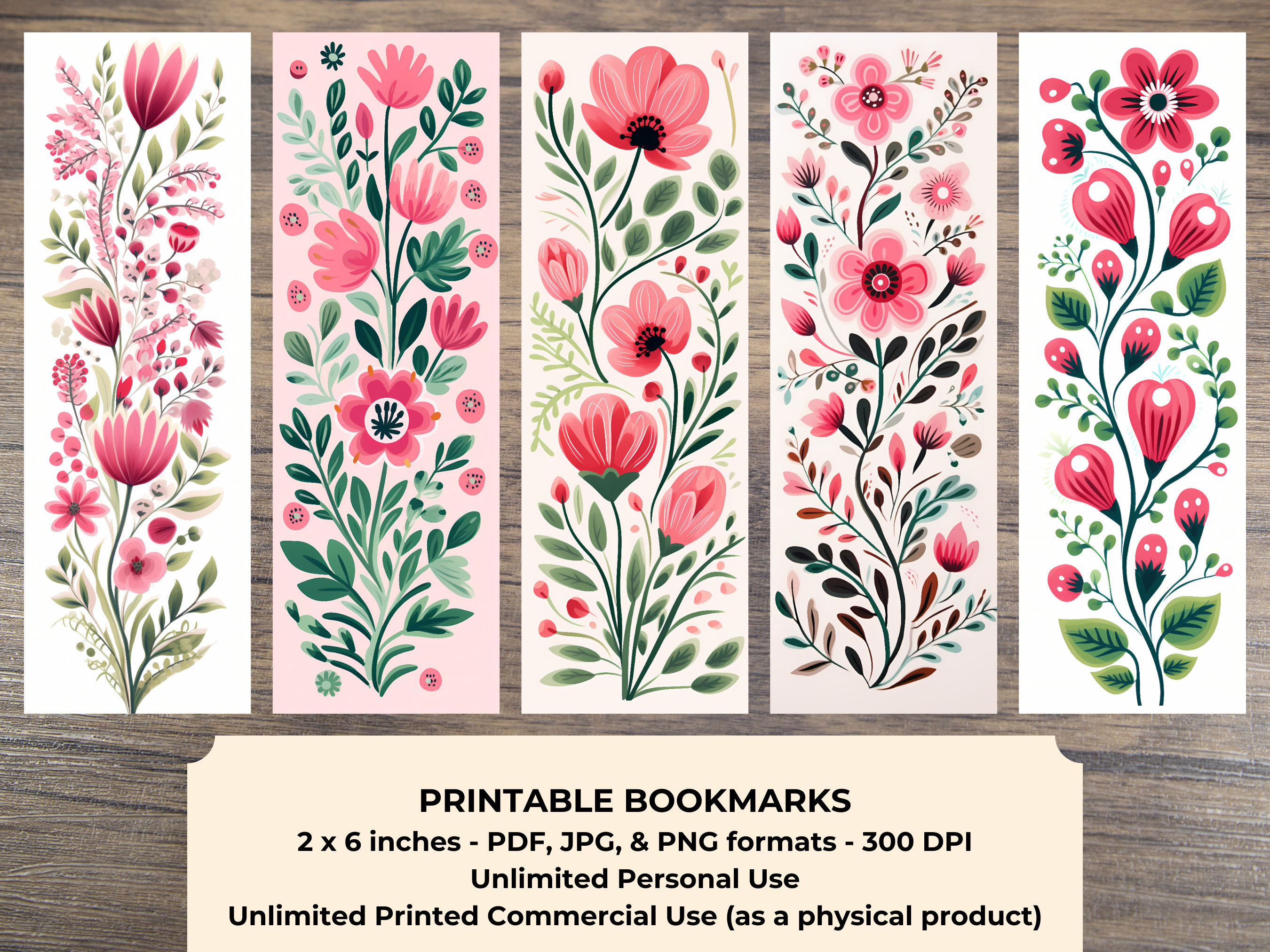 Boho Flowers PRINTABLE Bookmarks, Floral Folk Art JPG Bookmark Set, Png ...