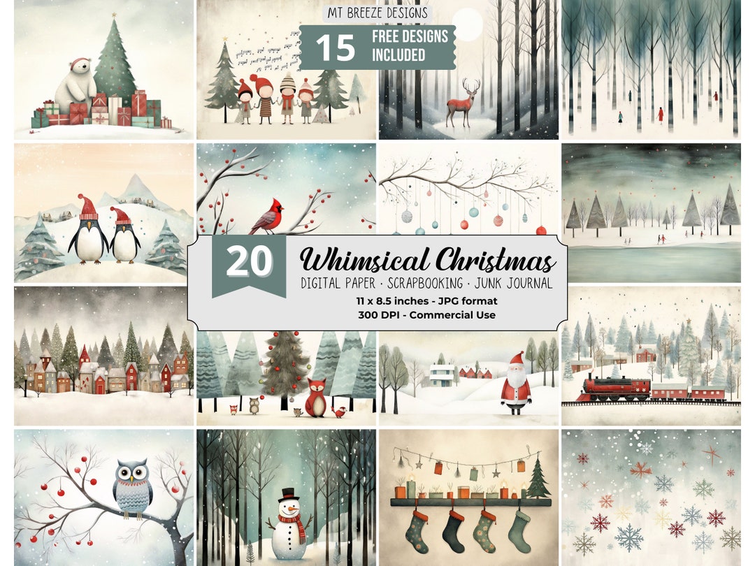 20 Whimsical Christmas Digital Paper Set, Xmas Holiday Background ...