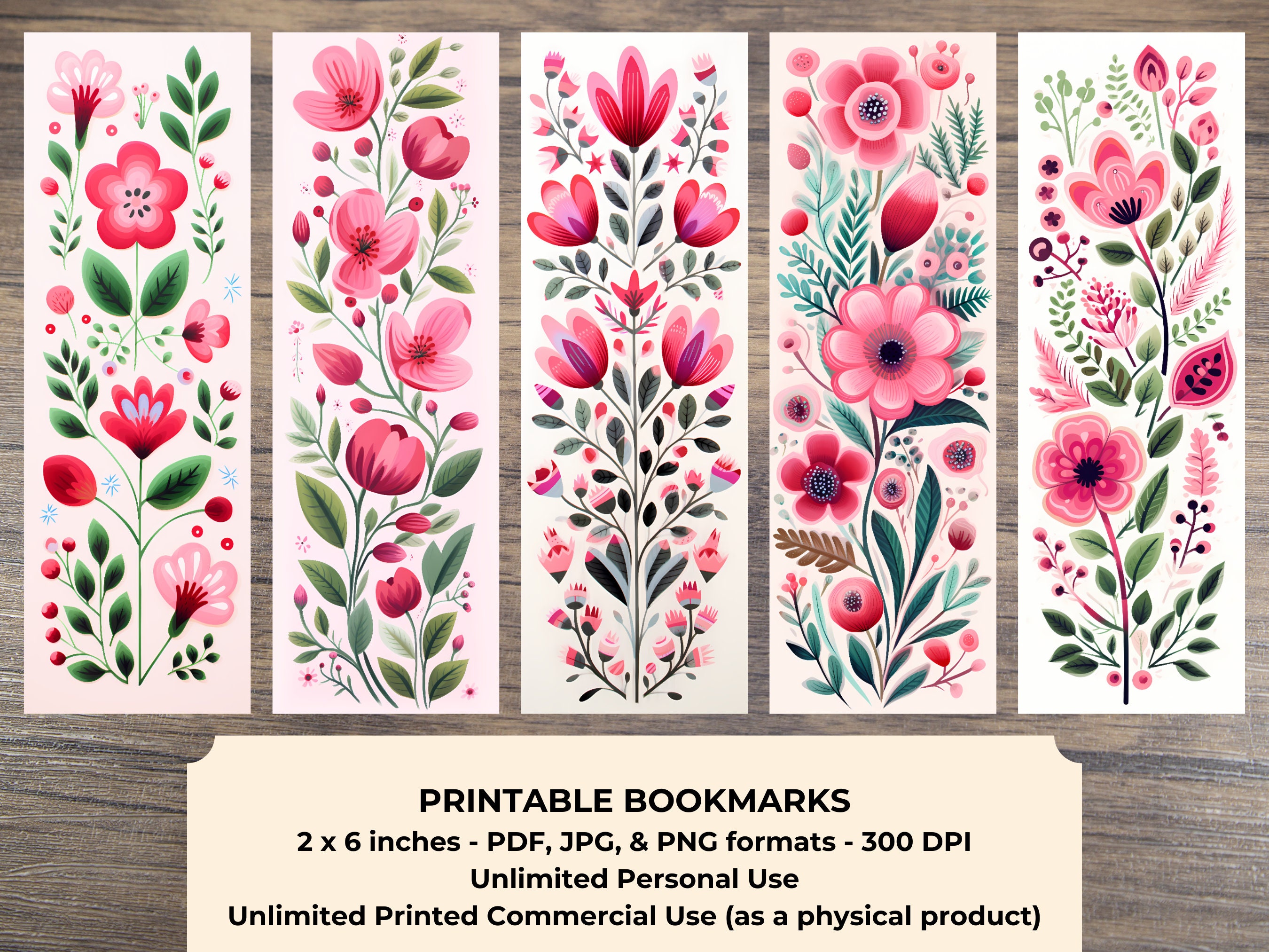 Boho Flowers PRINTABLE Bookmarks, Floral Folk Art JPG Bookmark Set, Png ...