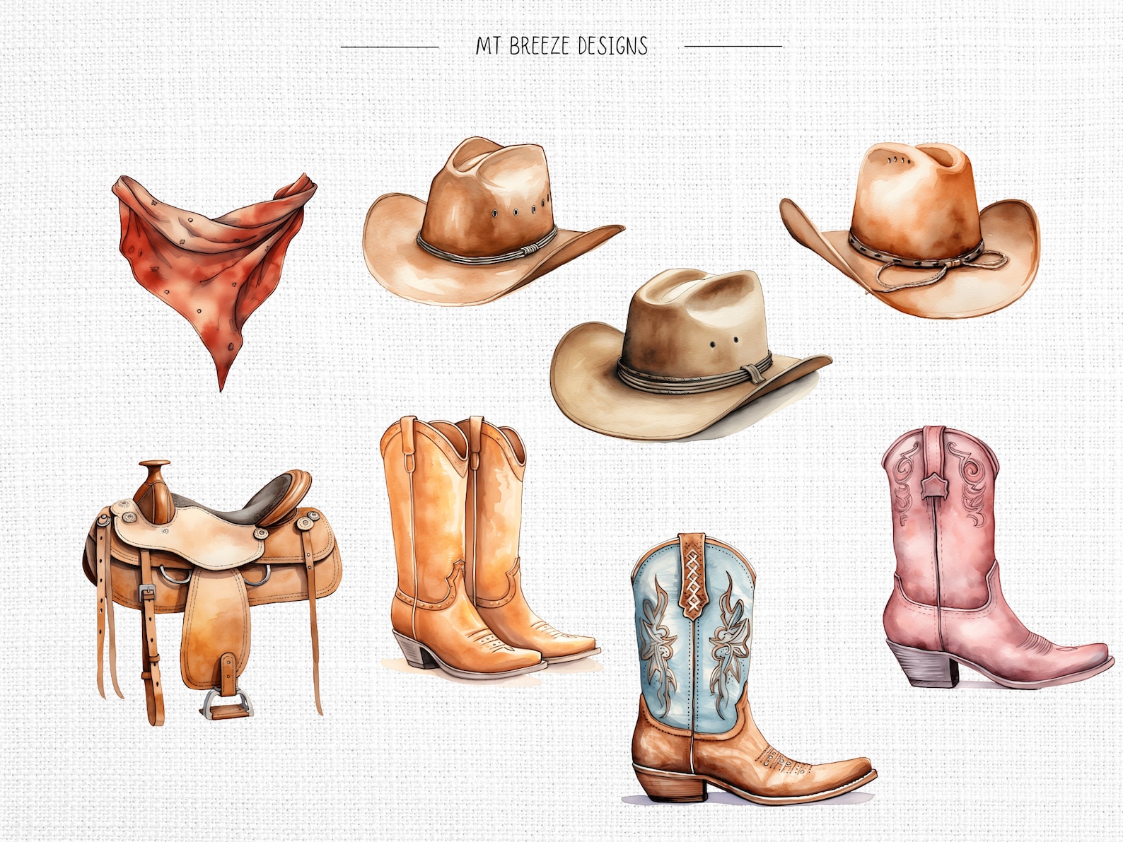 Western Watercolor Clipart Set - High Resolution Cowboy, Horse, Cowgirl ...