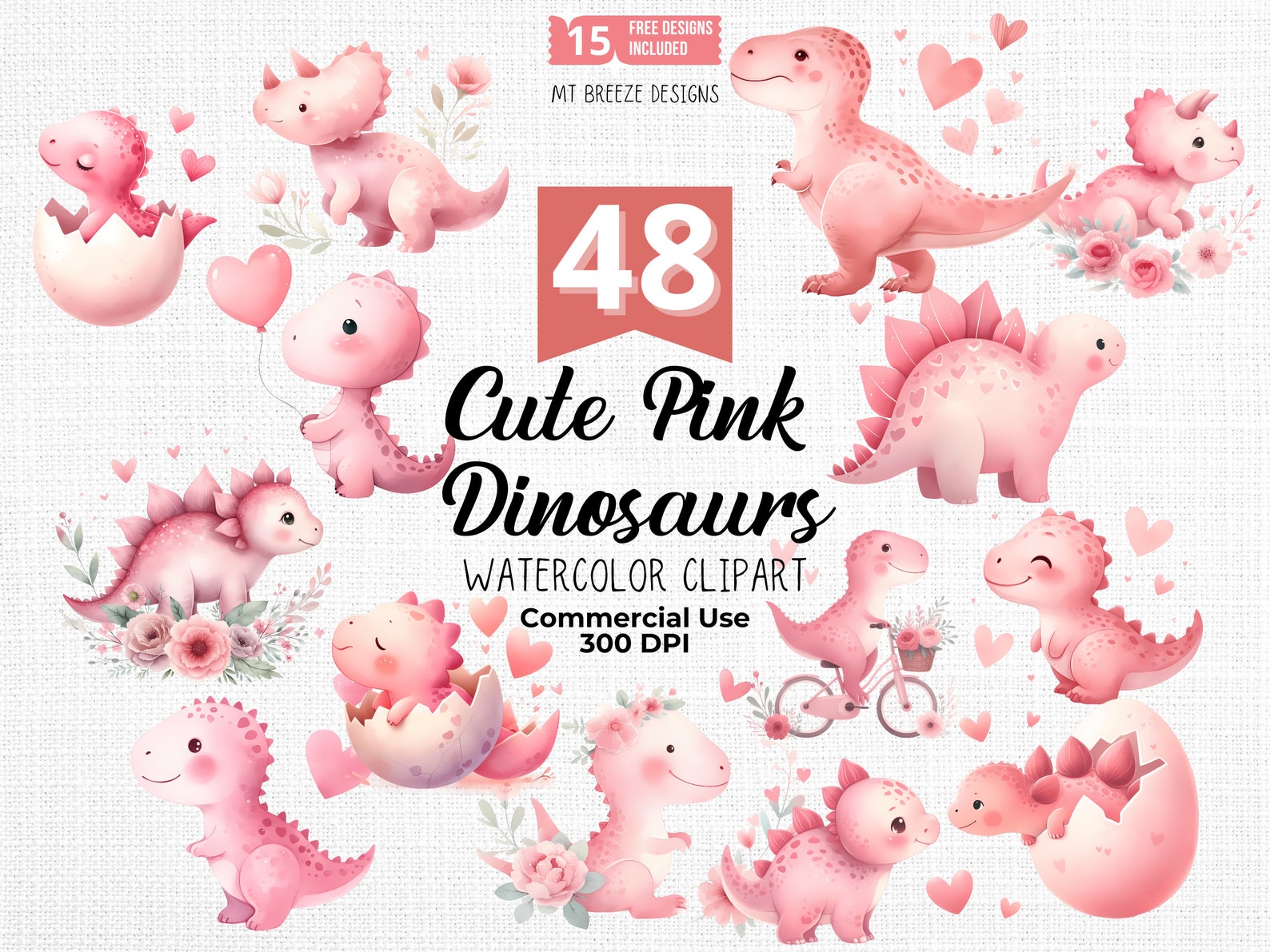 48 Cute Baby Dinosaurs Clipart Set - High Resolution Pink Dino ...
