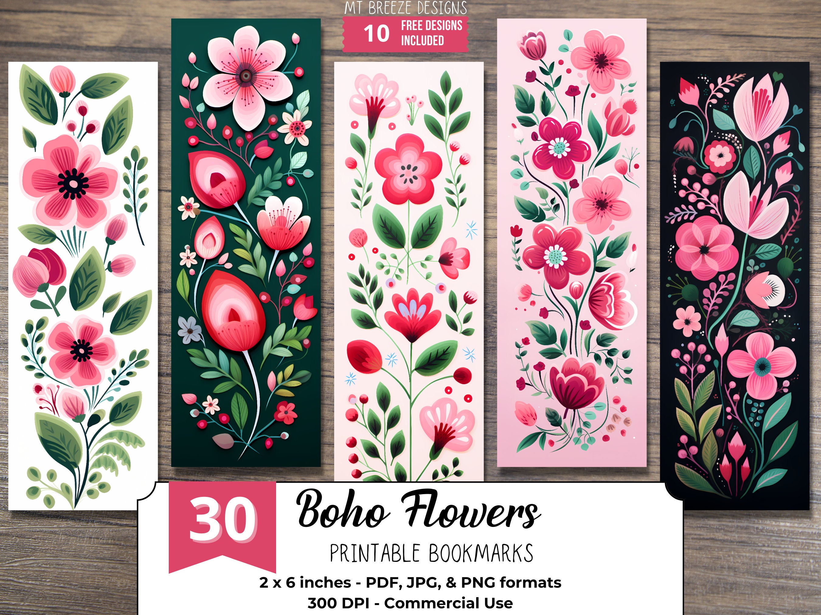 Boho Flowers PRINTABLE Bookmarks, Floral Folk Art JPG Bookmark Set, Png ...